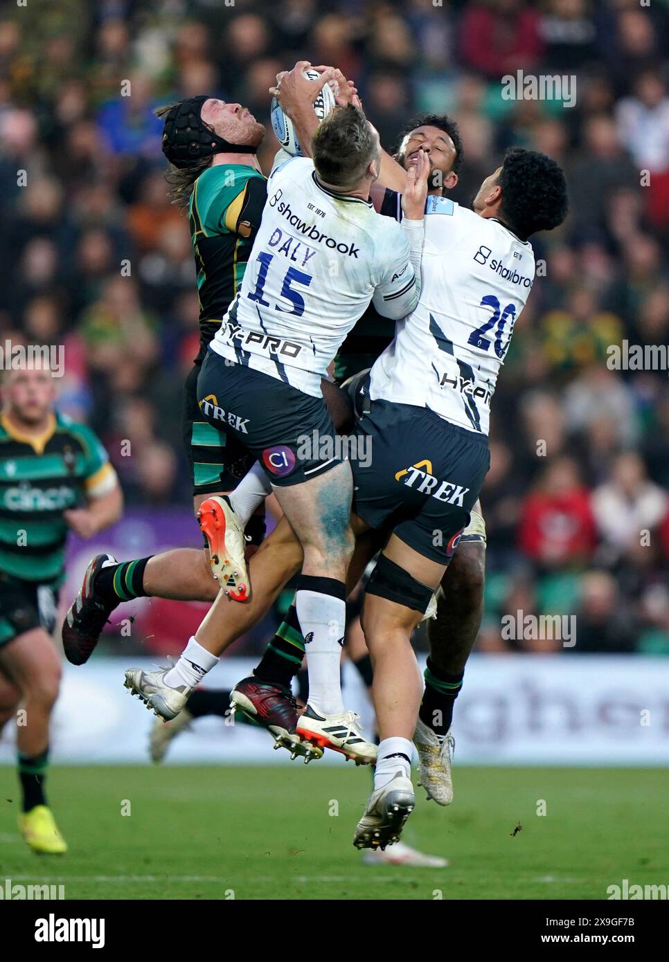 Northampton Saints' Courtney Lawes and Alexander Moon battle with ...