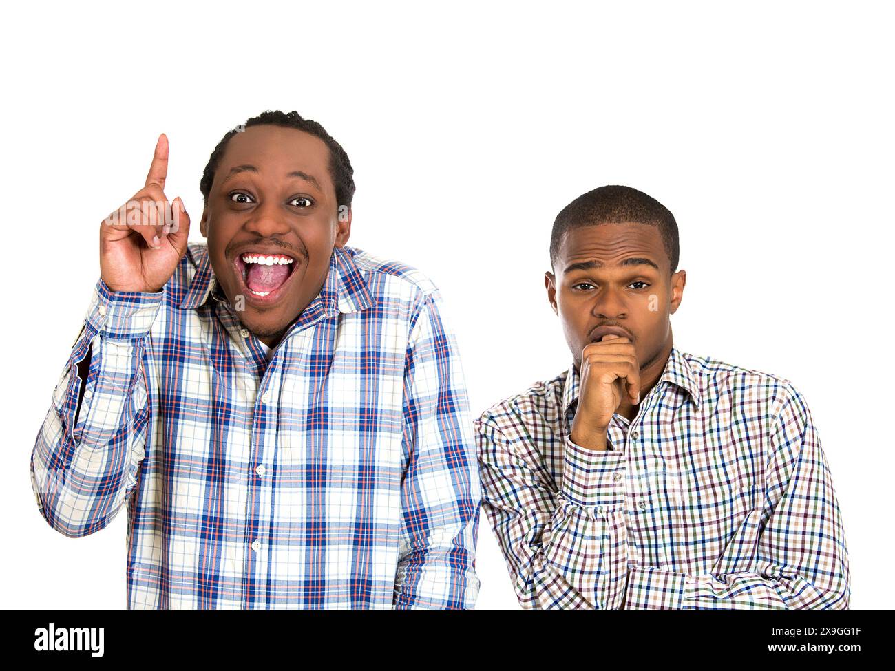 portrait of two men one being excited, optimistic having a solution ...