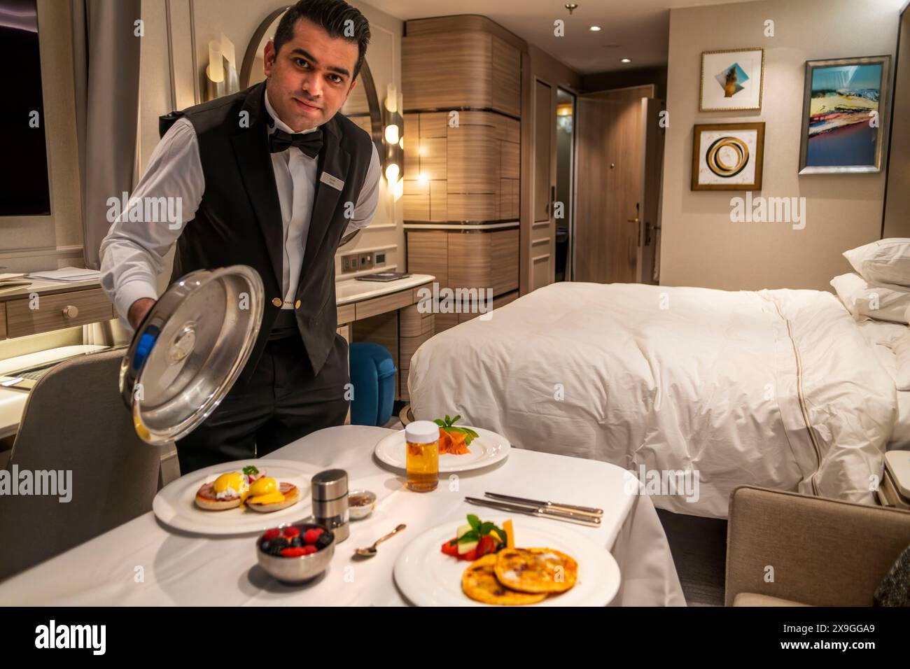 Breakfast in the room in the luxury Silversea Endeavor in the coast of ...