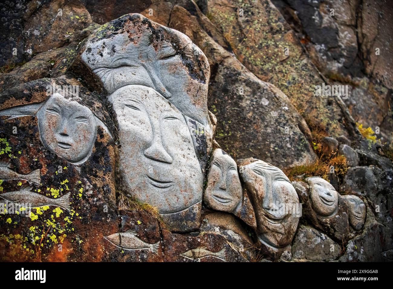 Sculpted rock artwork, part of the Stone and Man Exhibit,in the village ...
