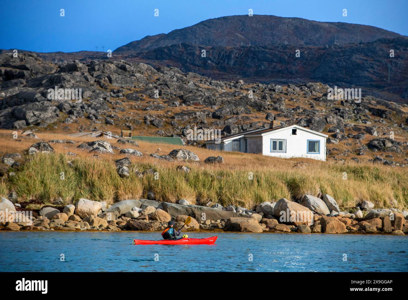 Kayaking nerar the remains of 14thc Hvalsey farmstead Banquet Hall, one ...