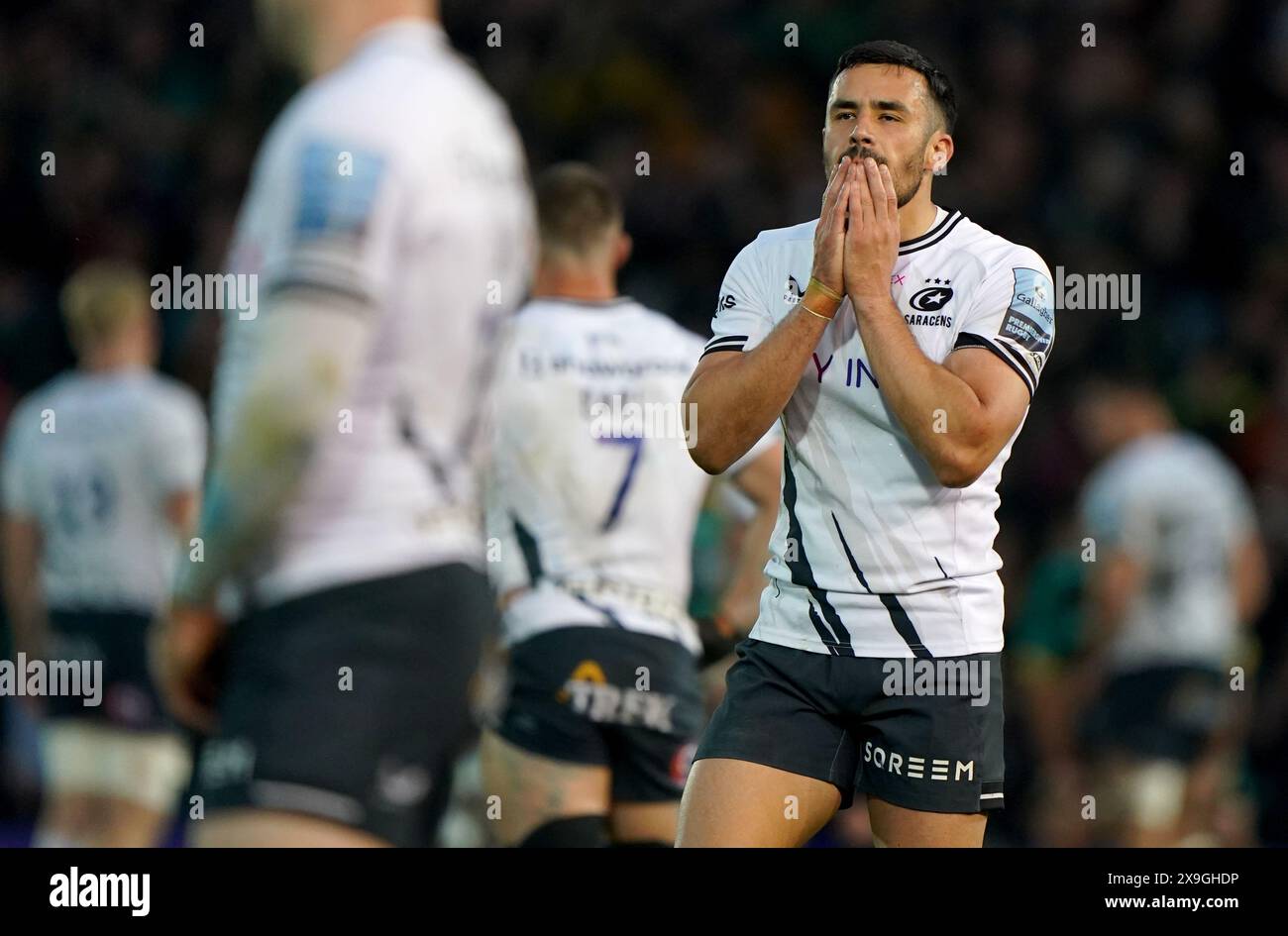 Saracens' Alex Lozowski reacts during the Gallagher Premiership semi ...
