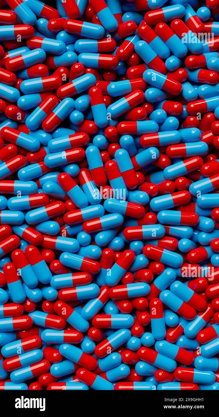Many Blue and red pills fill screen area, tablet background. Medicine ...