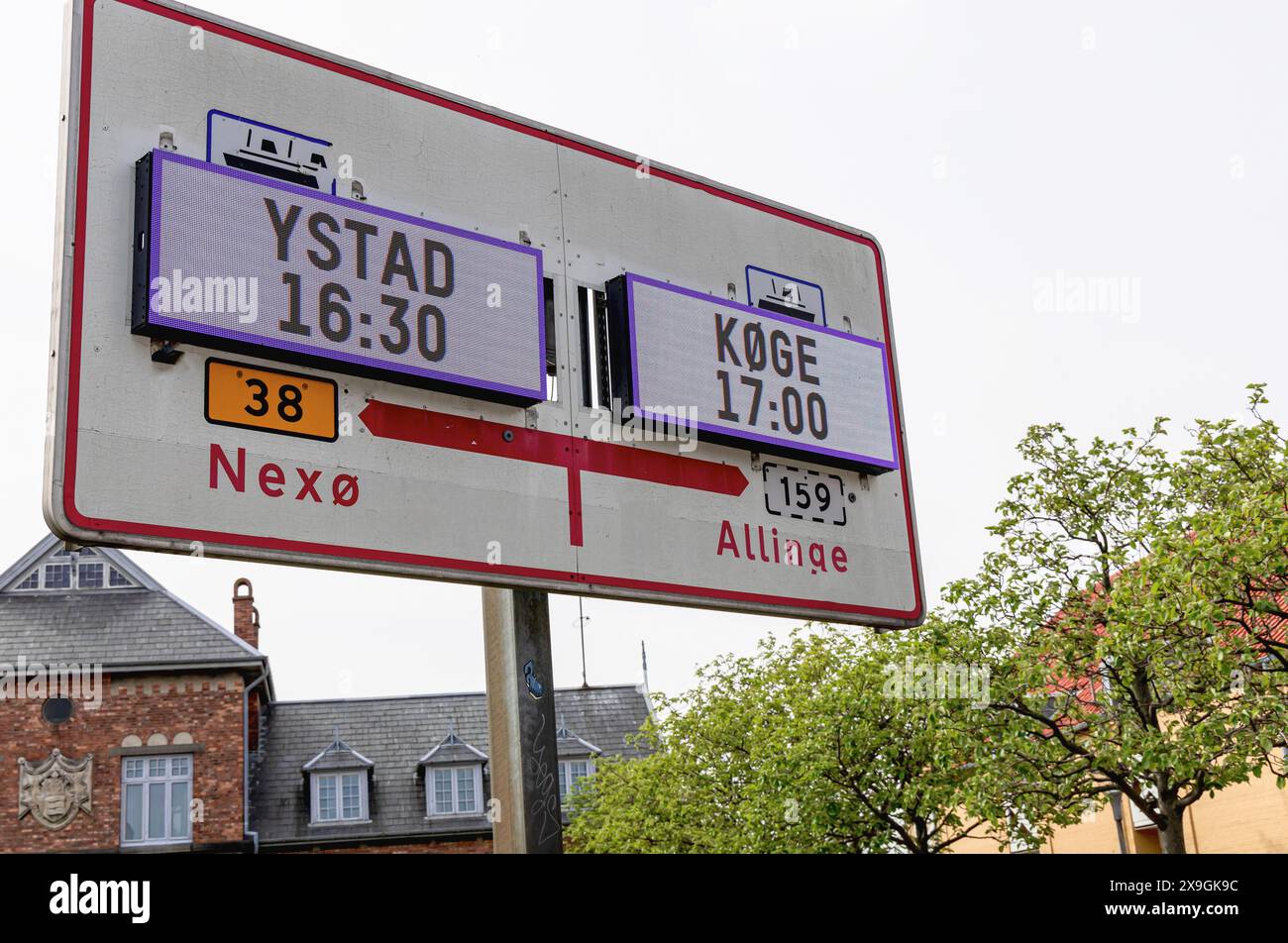Information board or sign about ferry departures to the Swedish city of ...