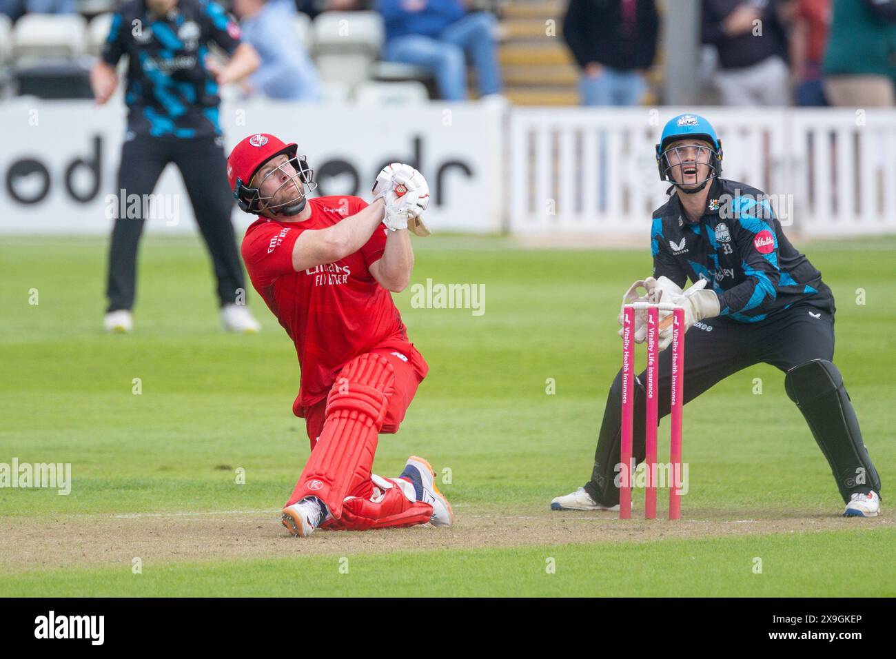 Steven Croft hits it over the boundary for 6 taken in Worcester, UK ...