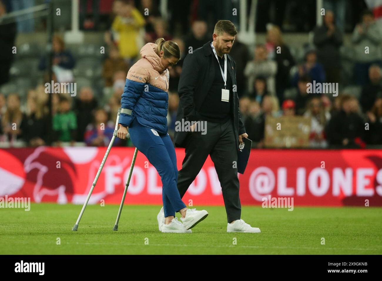 England goalkeeper Mary Earp on crutches following the UEFA Women's ...