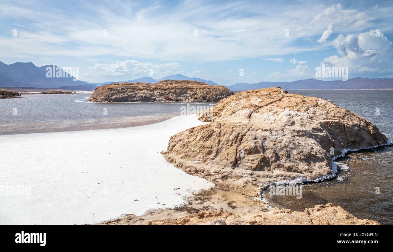 Lac Assal salt lake waters with islands in the middle, the lowest point ...