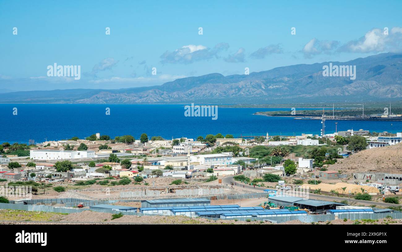 Tajoura city panorama with gulf and mountains in the background ...