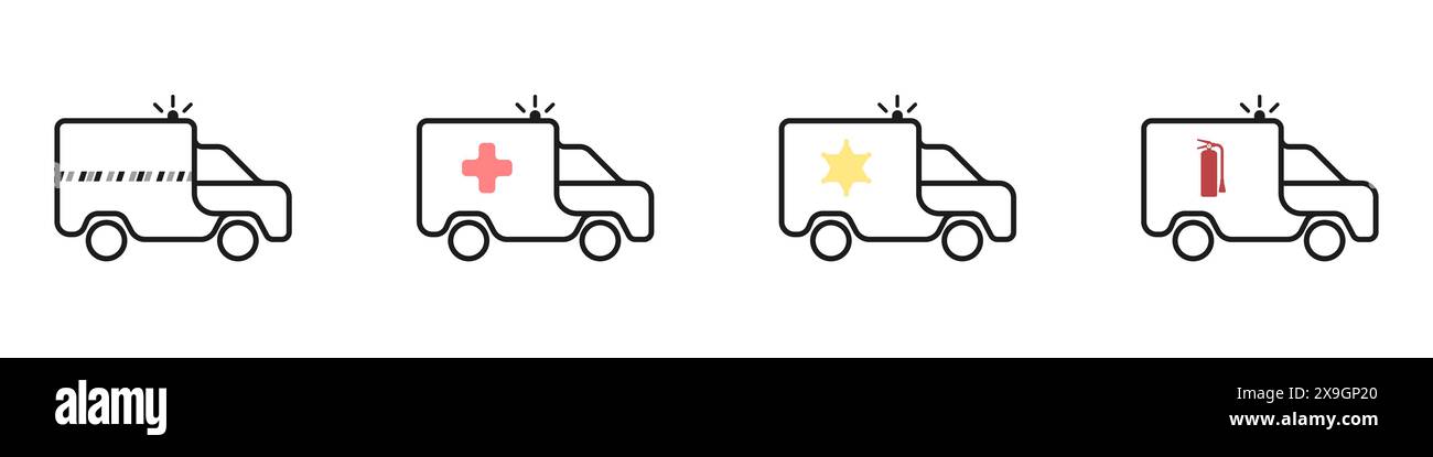 Cars with flashing lights vector. Linear transport icons. Car for ...