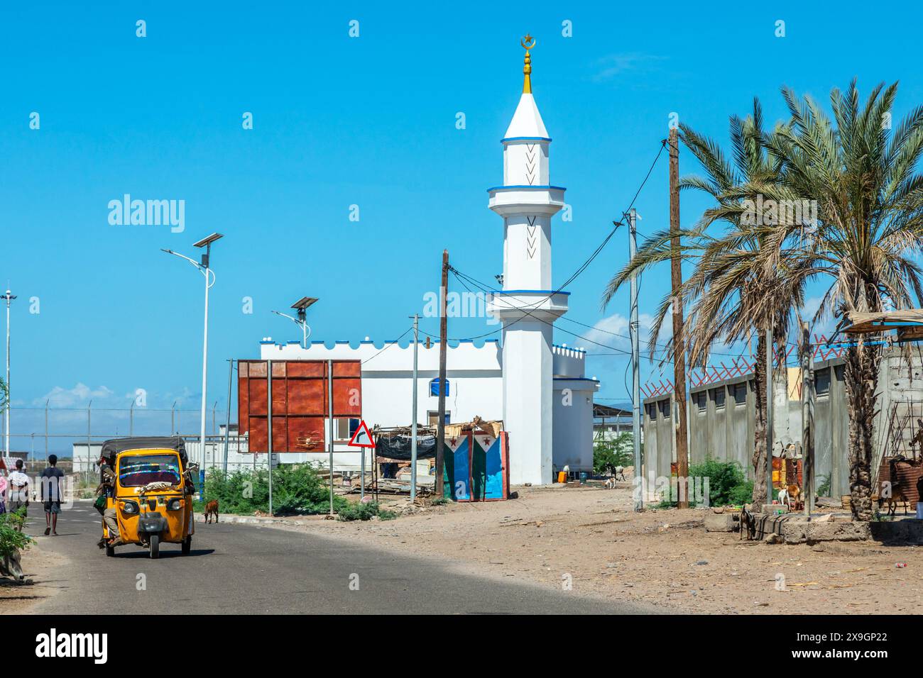 White mosque on the street of Tajoura, Tajourah region, Djibouti, Horn ...