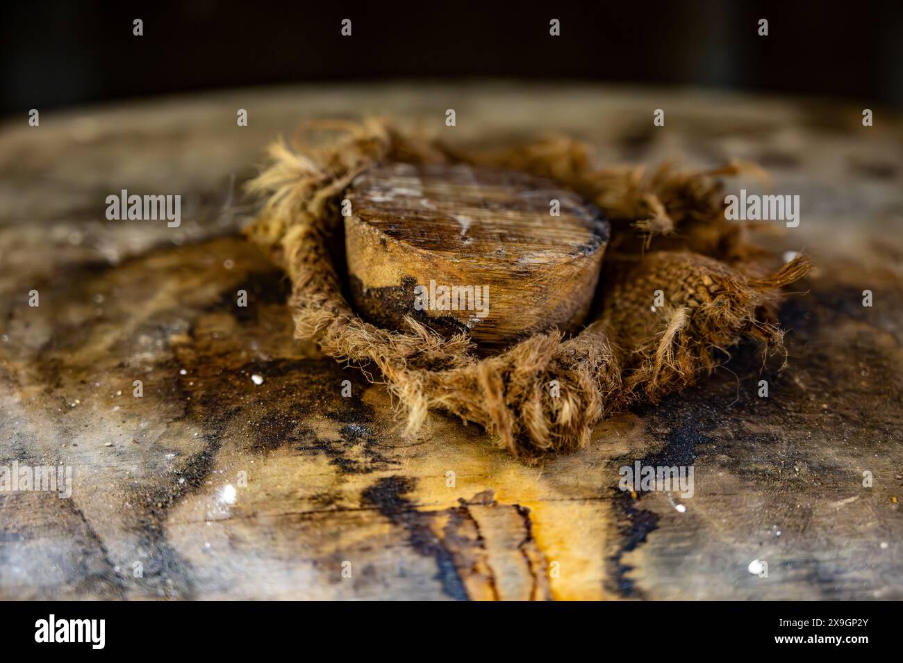 Aging process of cognac spirit in old dark French oak barrels in cool ...