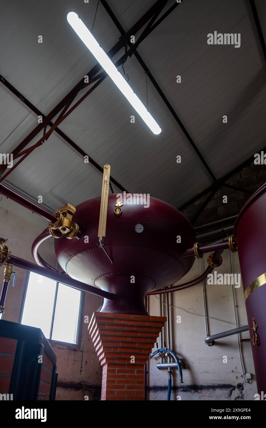 Double distillation process of cognac spirits in Charentias copper ...
