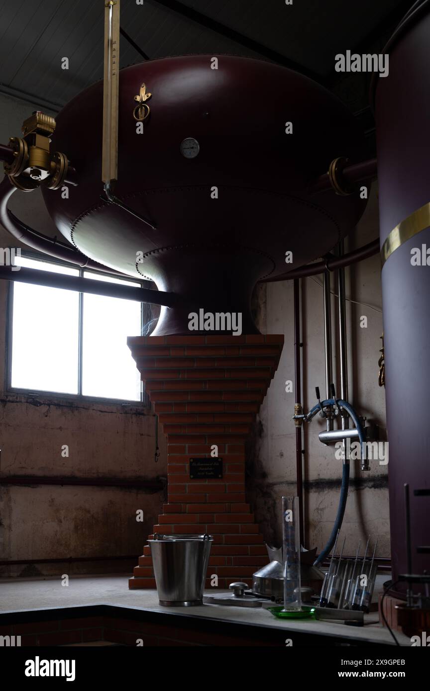 Double distillation process of cognac spirits in Charentias copper ...