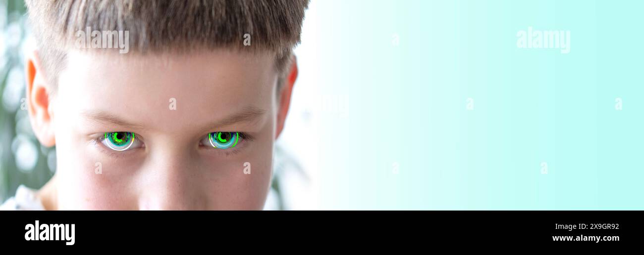 close-up bionic eyes, caucasian child, aggressive boy looking sideways ...