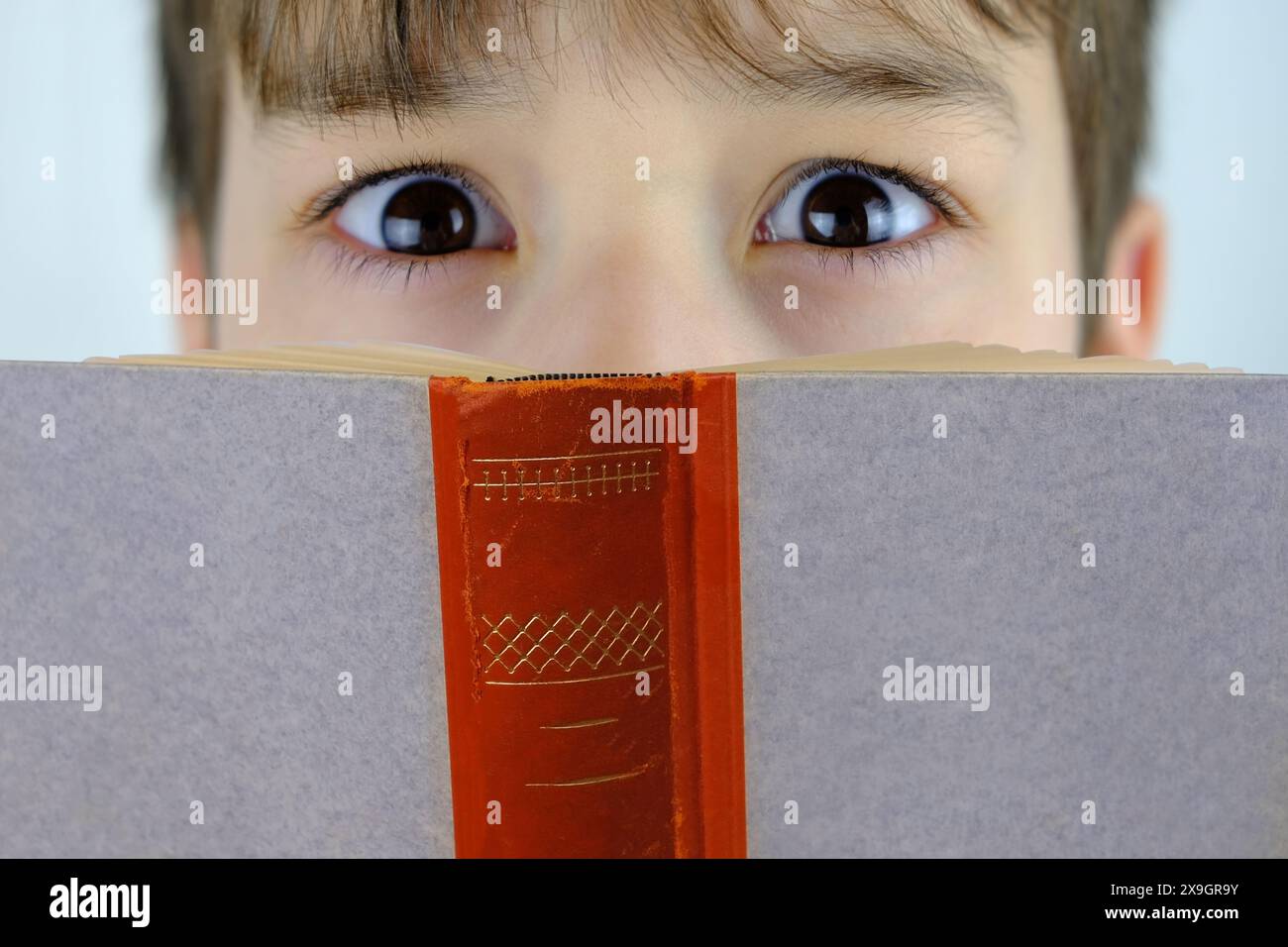 close-up of eyes of child behind thick paper book in dark red cover ...