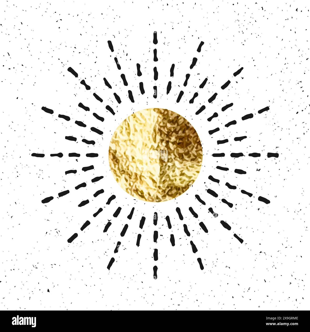 Vintage grunge sunburst sunset beams. Gold foil, shiny handmade circles ...