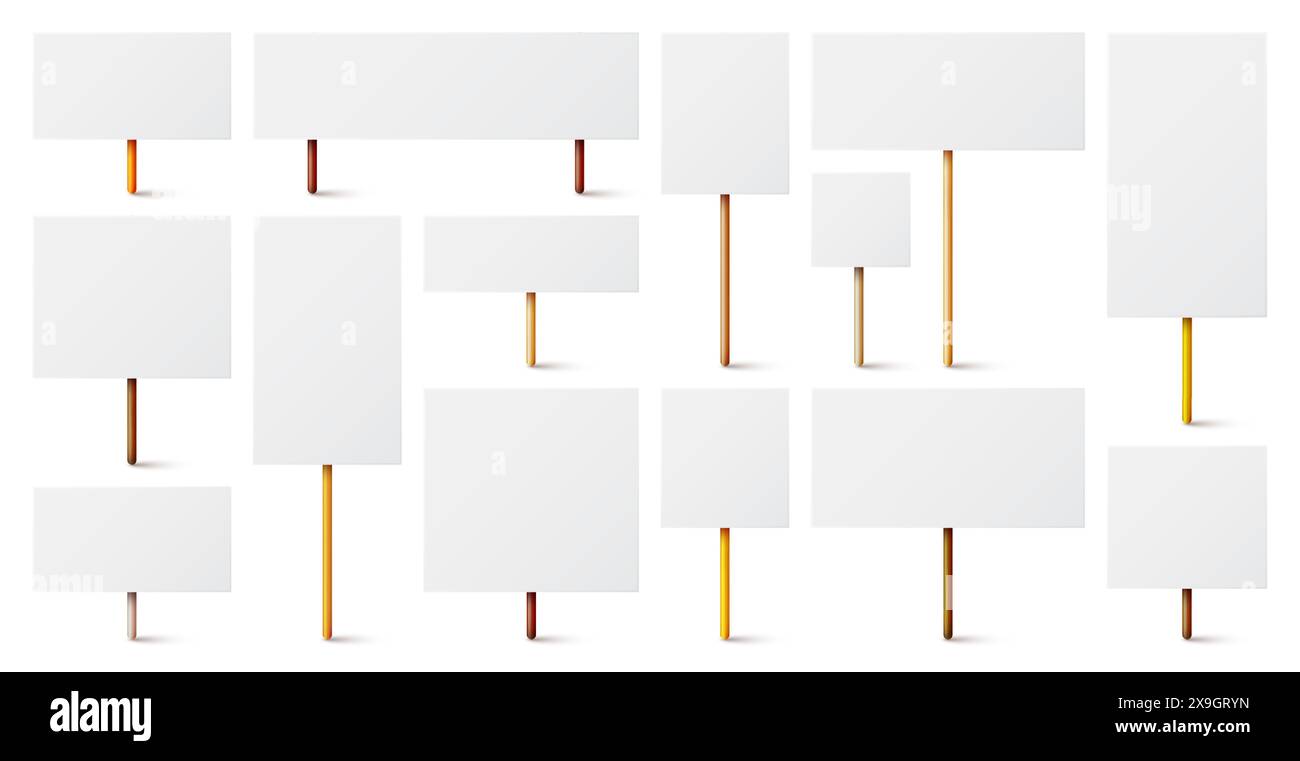 Blank white protest sign with wooden holder. Various realistic vector ...