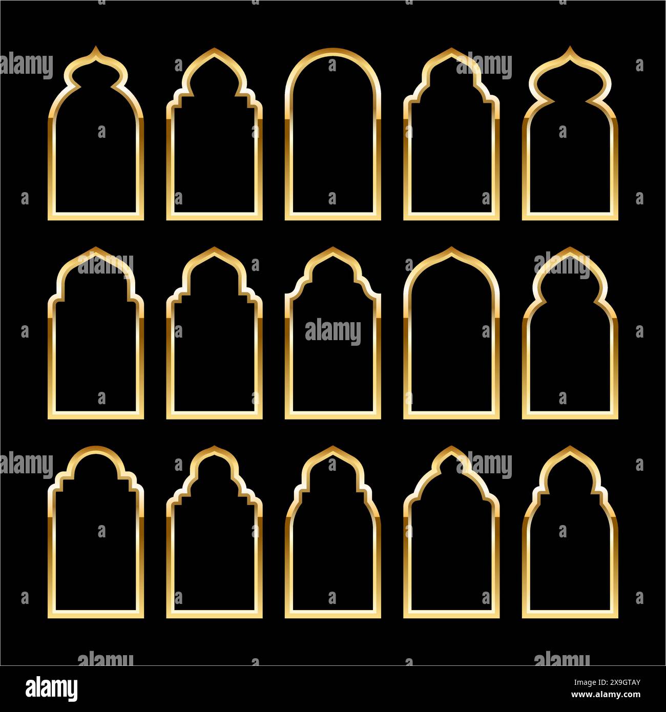 Islamic frames, oriental style. Golden arabic shapes, windows and ...