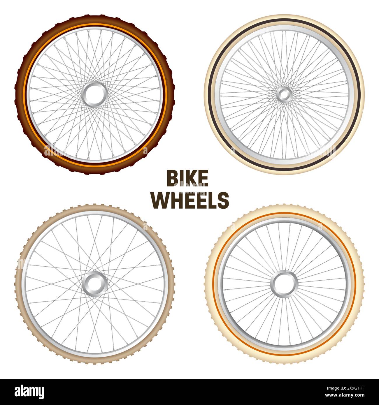 Realistic 3d retro bicycle wheels. Vintage bike rubber tyres, shiny ...