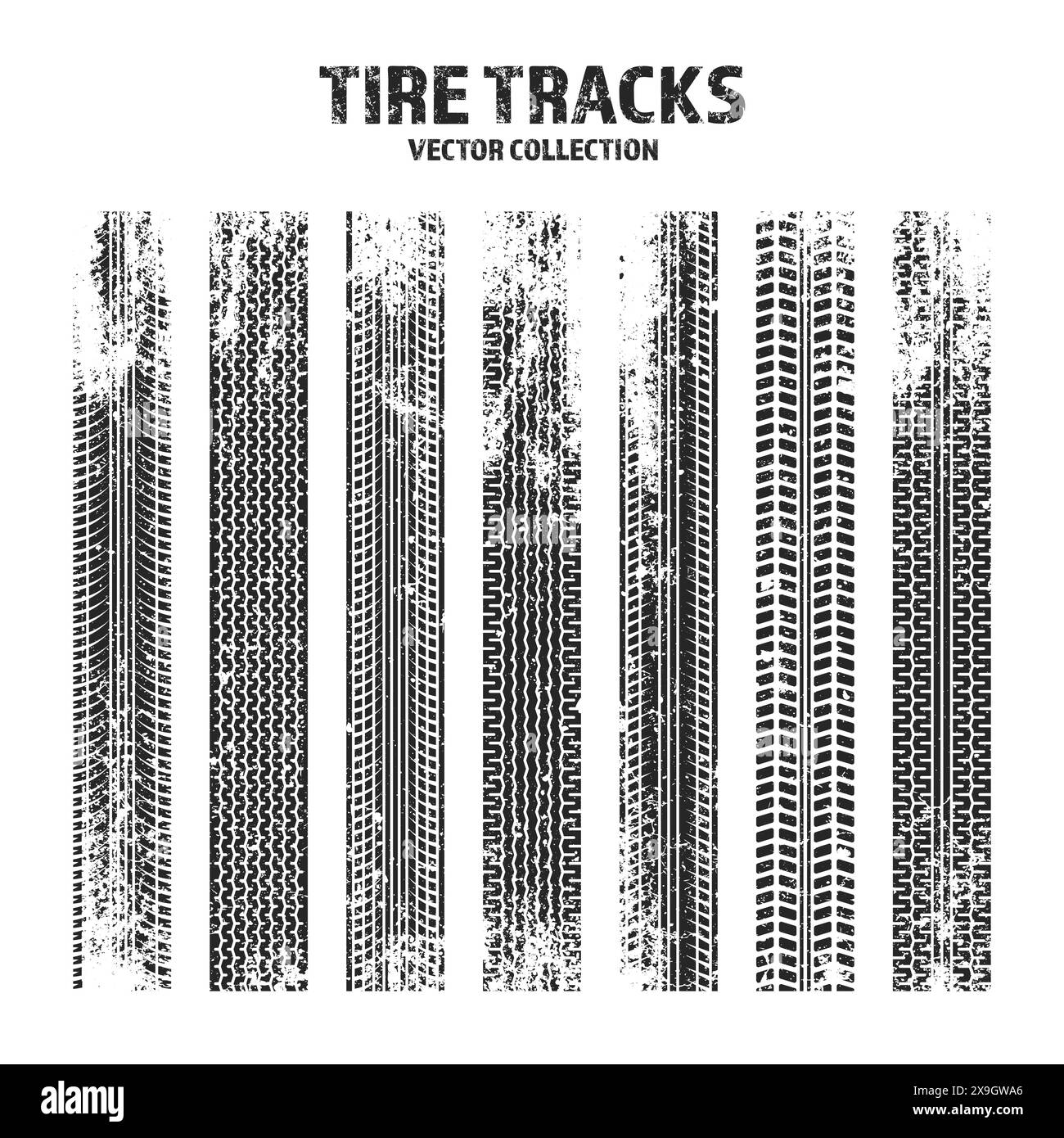 Grunge tire tracks, wheel braking marks. Truck, car or motorcycle tread ...