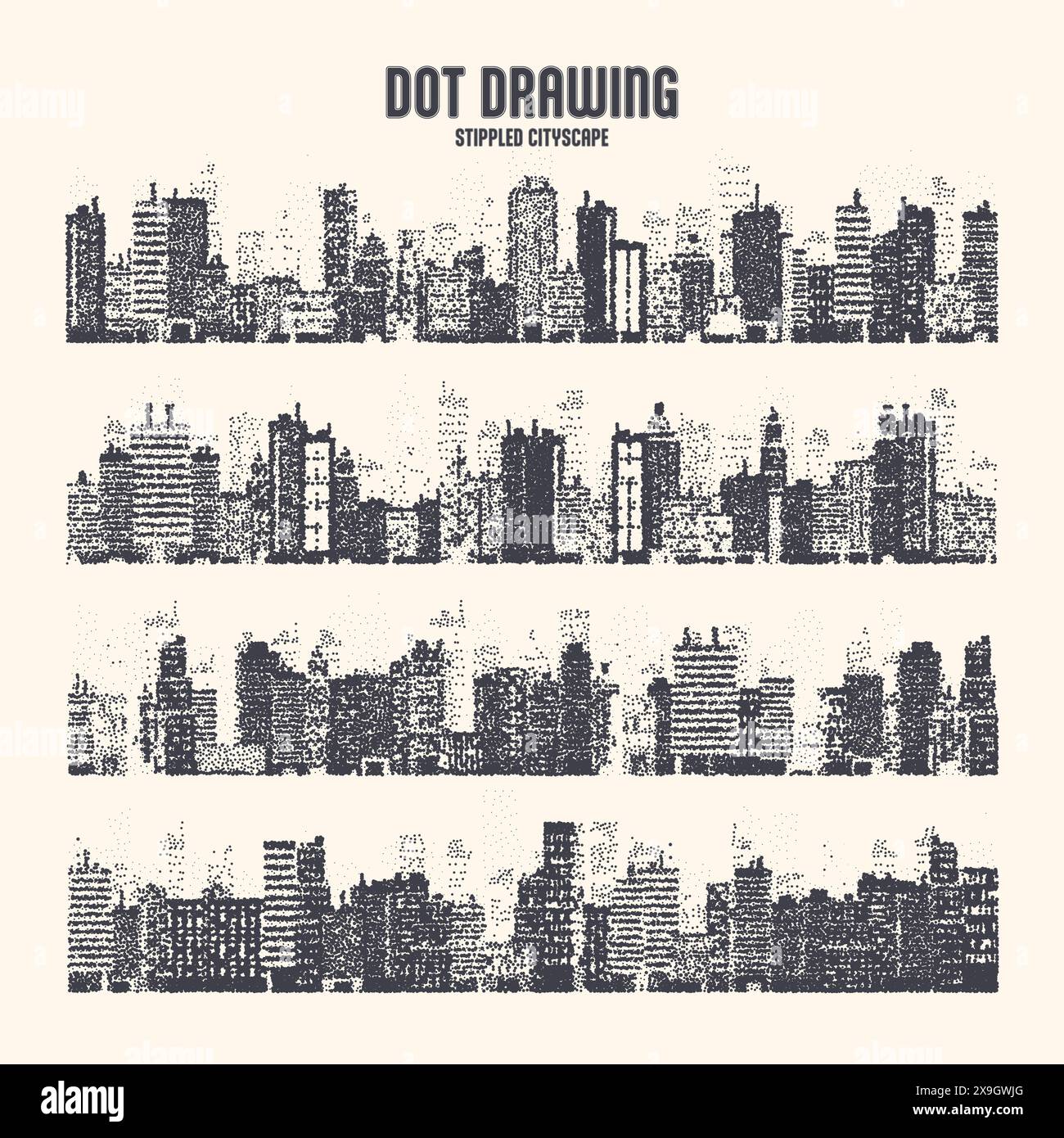 Stippled city silhouettes. Cityscape, town skyline. Midtown, downtown ...