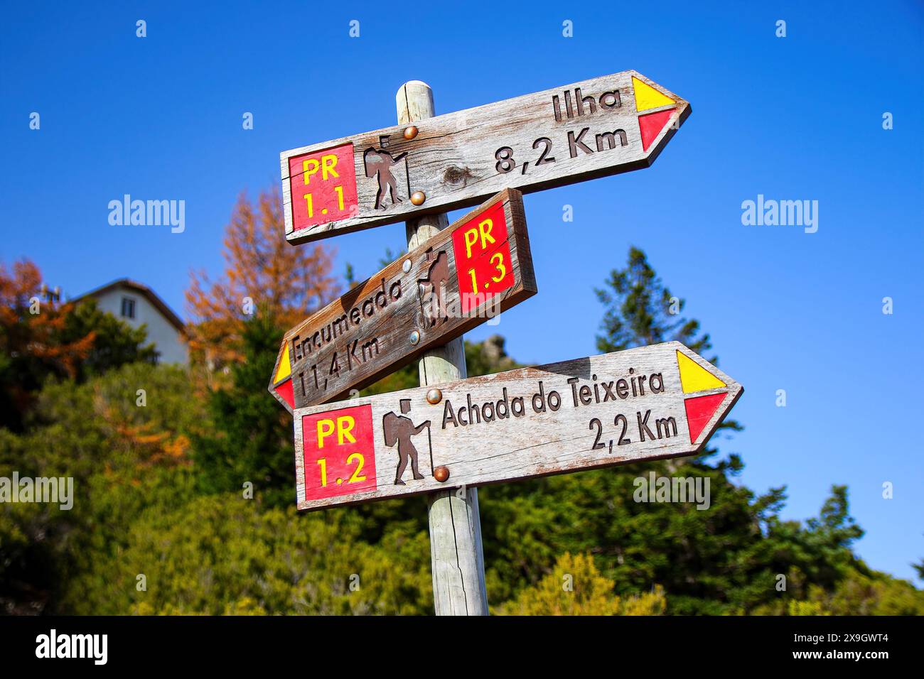 Wooden orientation signs indicating the many trails surrounding the ...