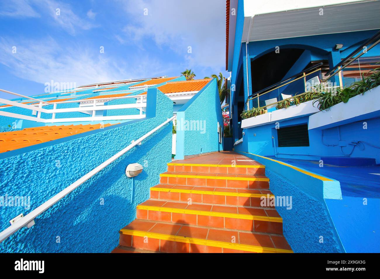 Tiled stairs leading to the rooms of the Hotel Rocamar in Caniço on the ...