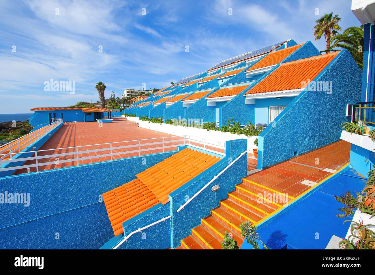 Tiled stairs leading to the rooms of the Hotel Rocamar in Caniço on the ...
