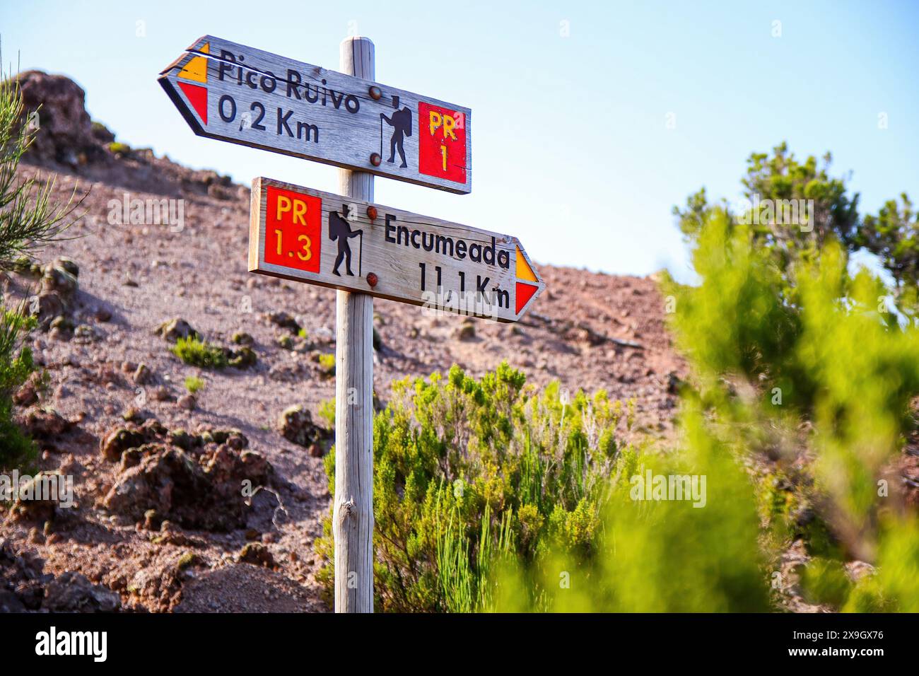 Wooden orientation signs indicating the many trails surrounding the ...