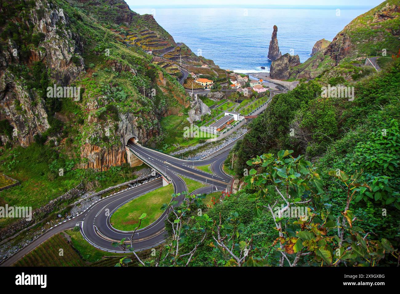 Highway interchange along the ER101 in a canyon of Ribeira da Janela on ...