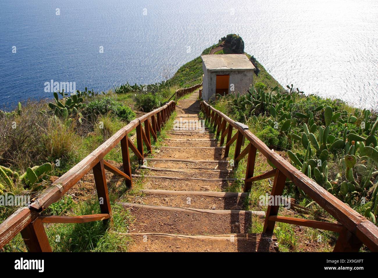 Wooden stairs descending the Cape of Garajau in Caniço near Funchal on ...