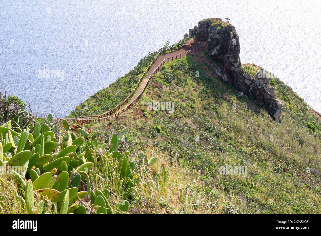Wooden stairs descending the Cape of Garajau in Caniço near Funchal on ...