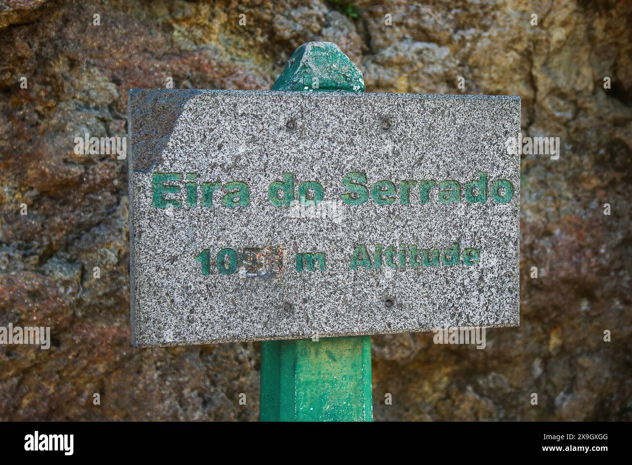 Granite carved sign at the Eira do Serrado viewpoint in the mountainous ...