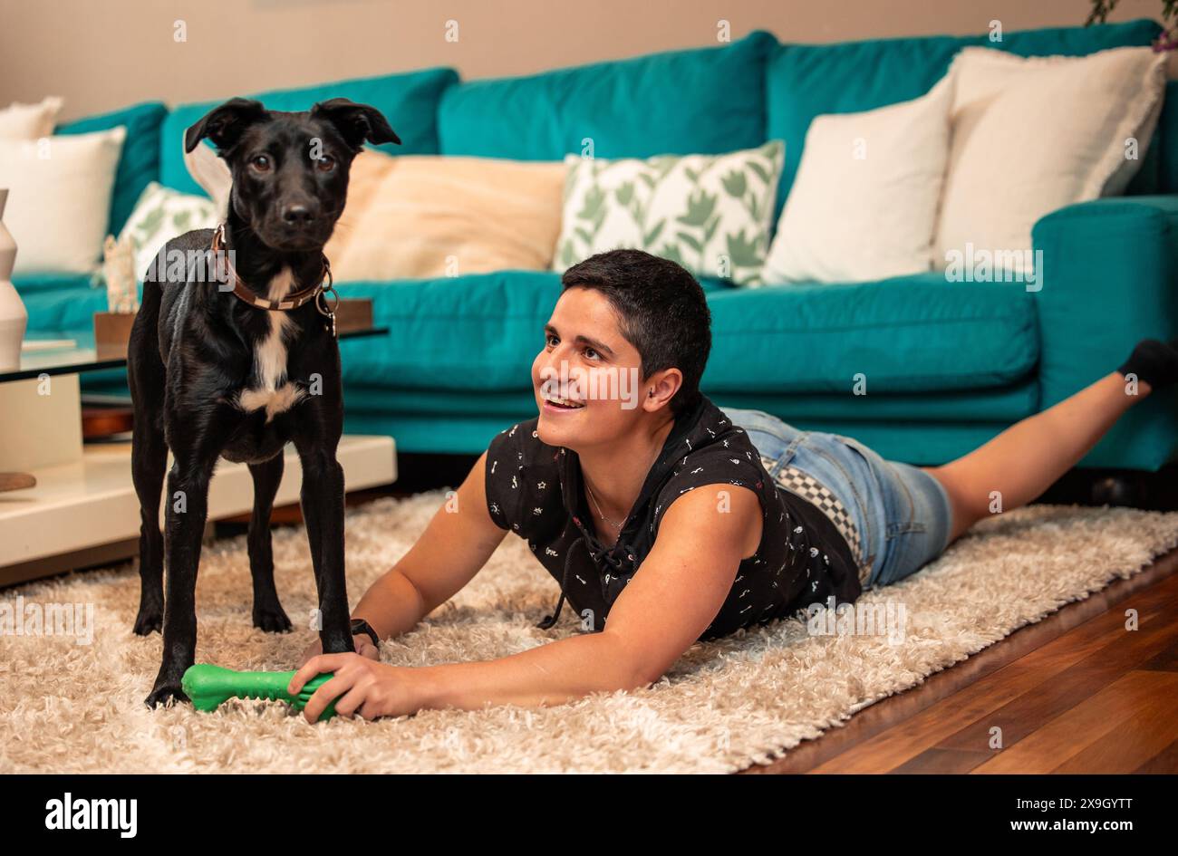 cheerful woman with short hair shares a joyful moment with her beloved ...