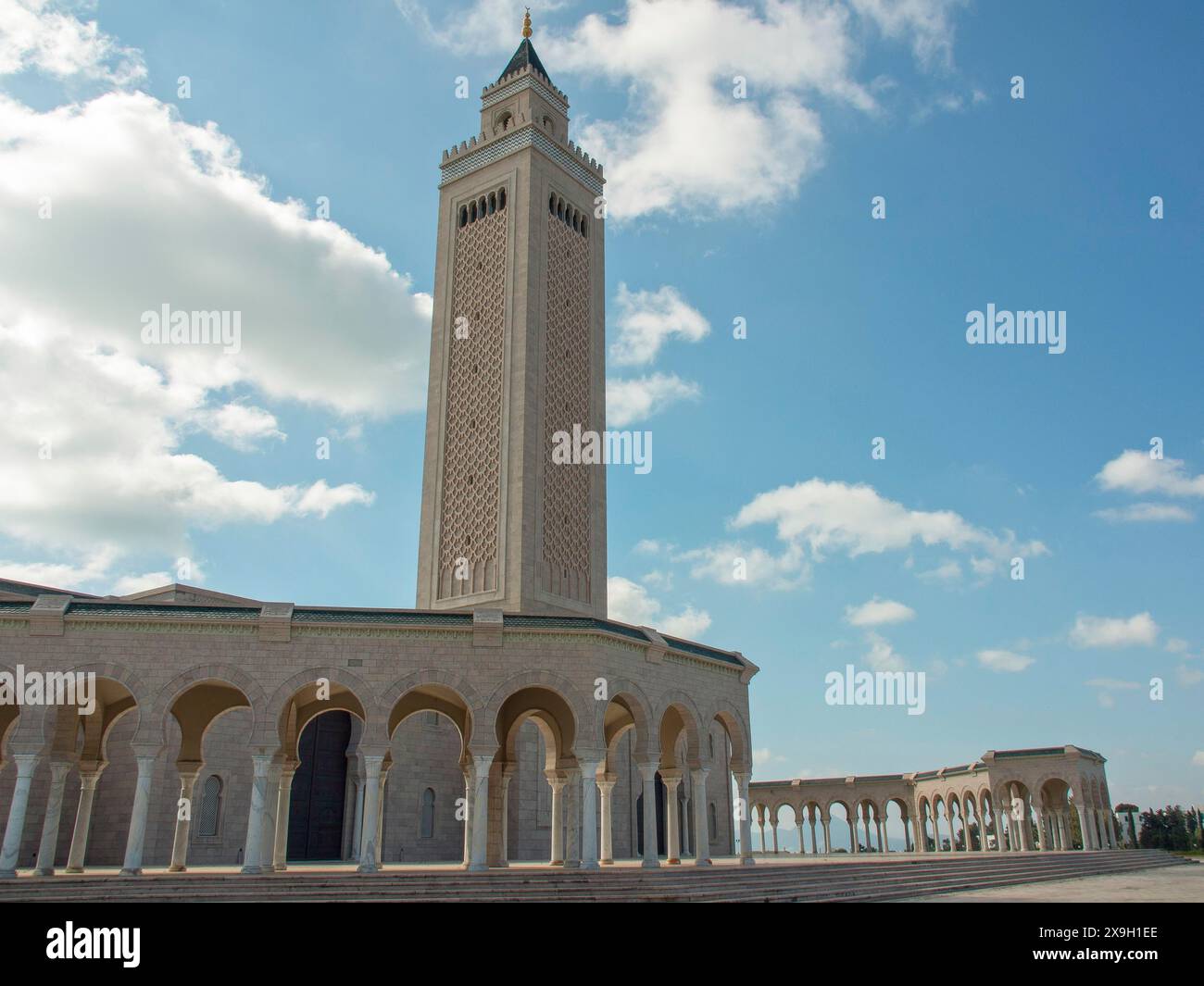 Large mosque with high minaret and arches under a cloudy sky, Tunis in ...