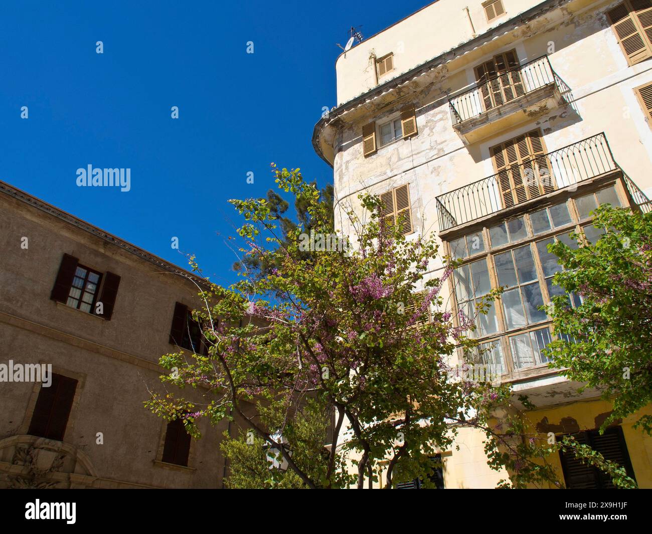 Street scene with historic buildings and balconies under a bright blue ...