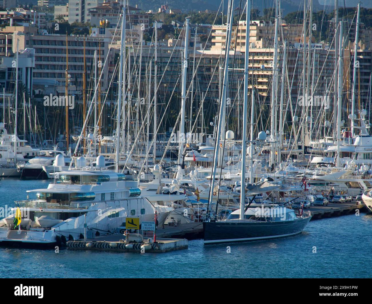 Harbour full of yachts and boats, surrounded by urban skyline with ...