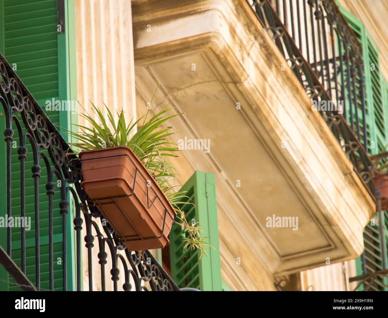 A balcony with decorative lattices, green shutters and a flower pot on ...