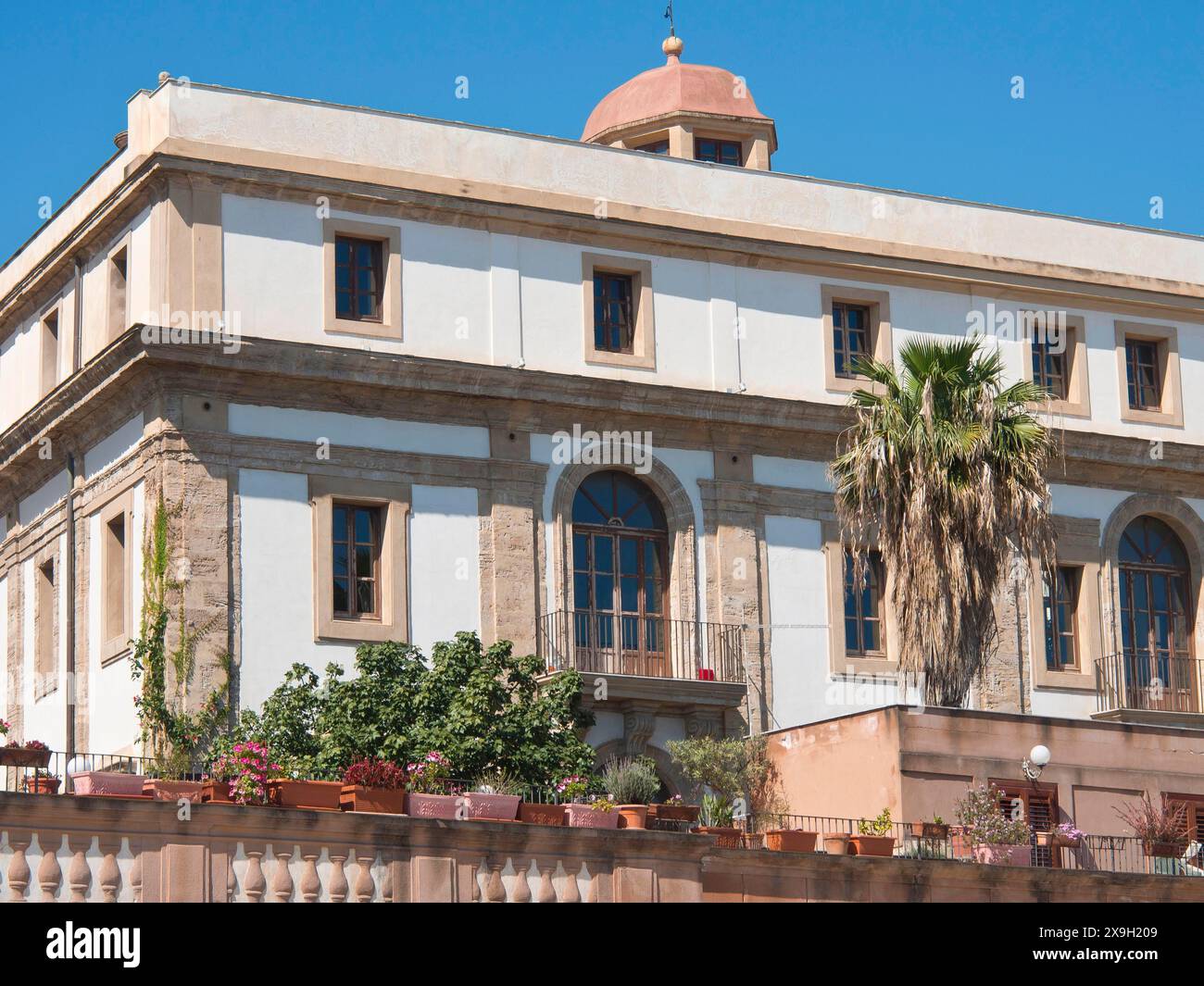Historic building with large windows, balconies and a palm tree in the ...