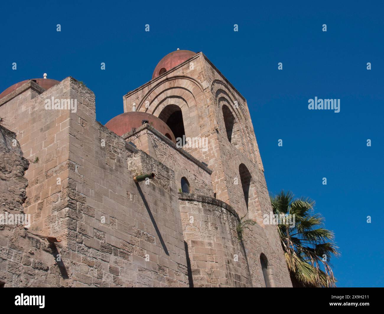 Historic church building with round towers, flanked by palm trees ...