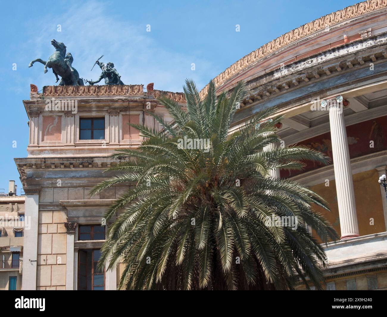 Historic building with columns and statue next to a tall palm tree ...