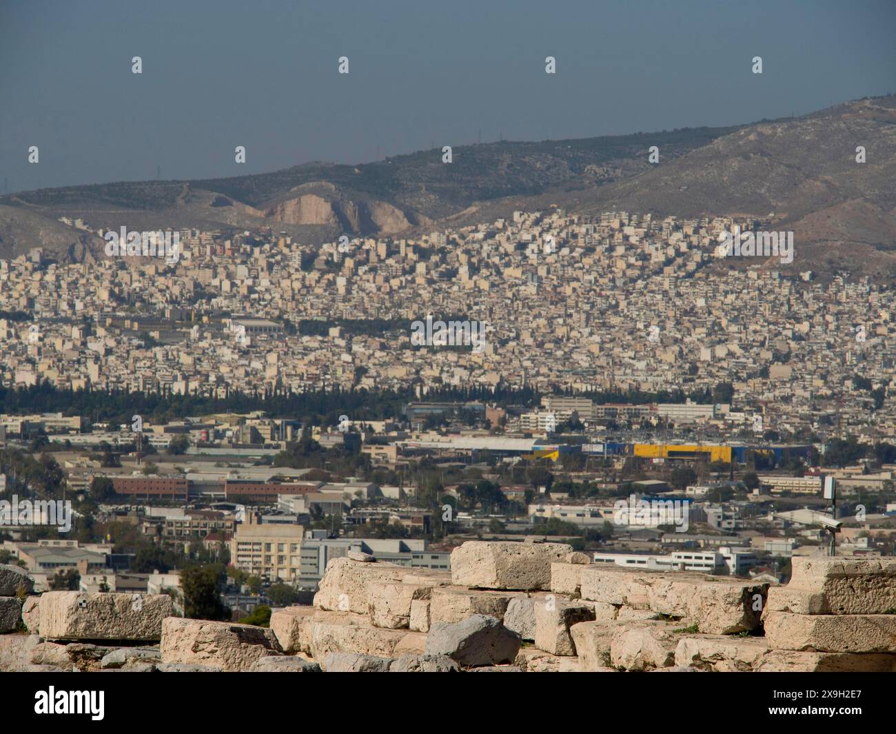 Wide view of a terraced city with surrounding ruins, Ancient buildings ...