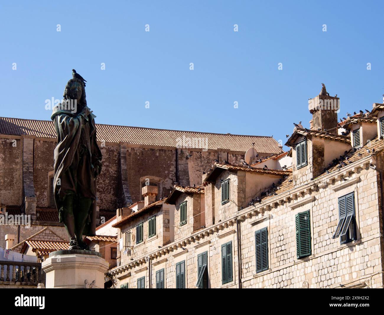 Statue in front of historic buildings with tiled roofs under a bright ...