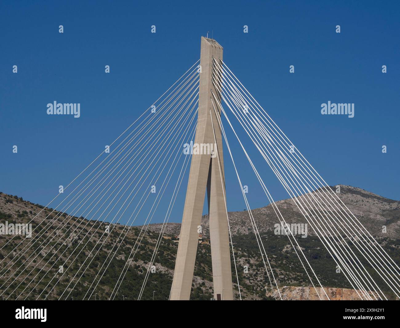 Modern suspension bridge with ropes in front of a clear blue sky and ...