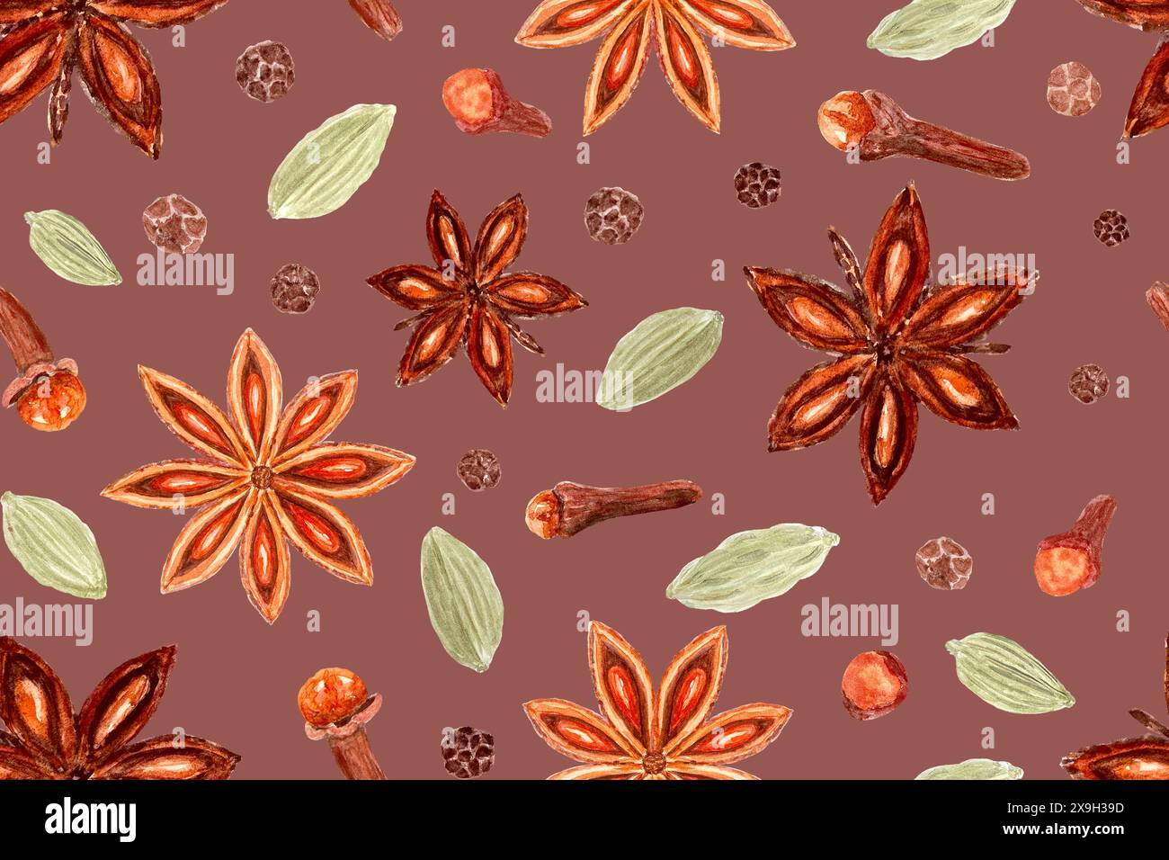 Star anise, cardamom, clove, black pepper watercolor seamless pattern on cacao background ...