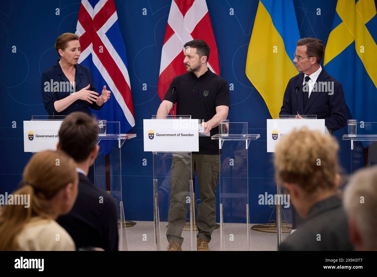 Stockholm, Sweden. 31st May, 2024. Danish Prime Minister Mette Frederiksen, left, responds to a ...