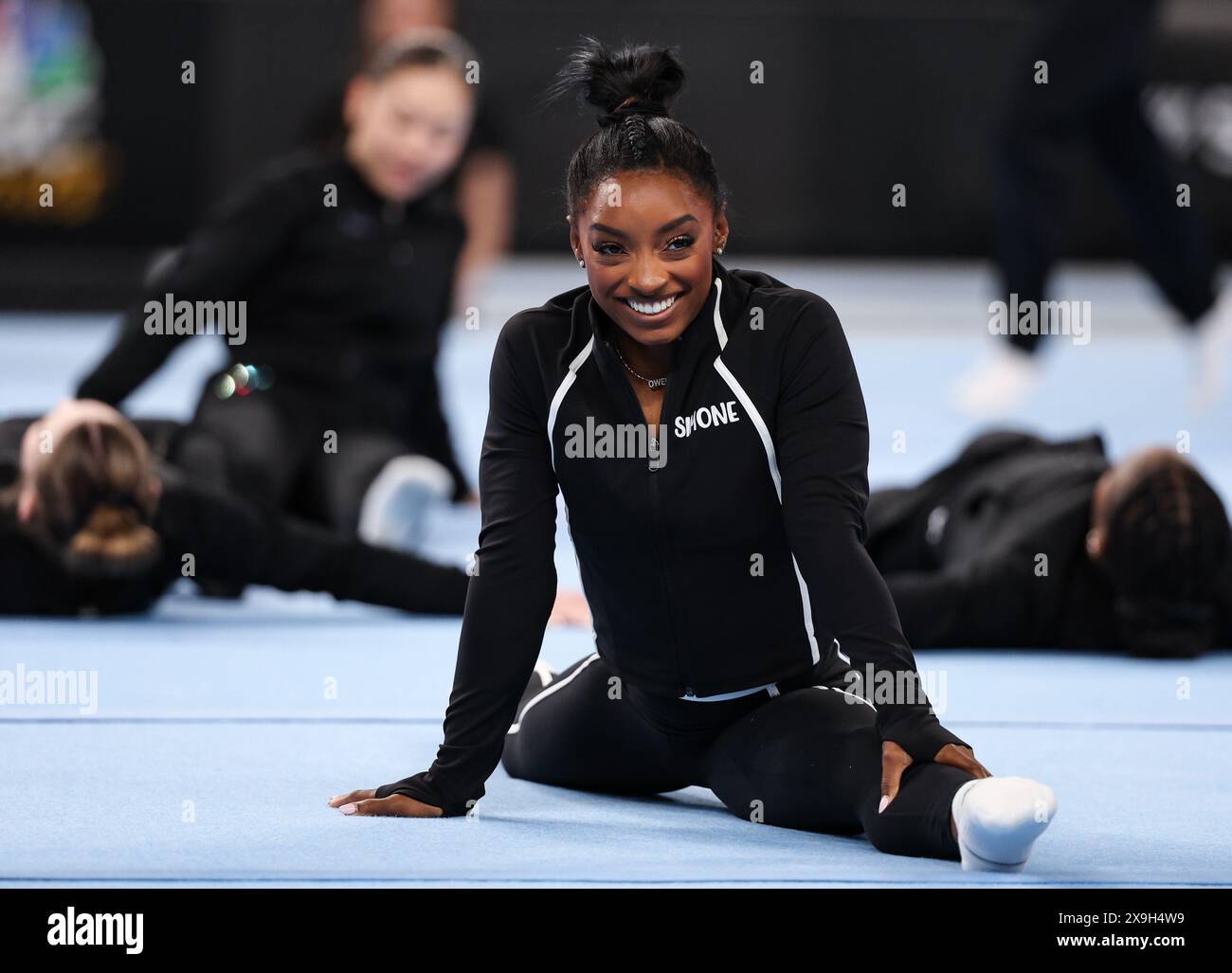 May 31, 2024: Simone Biles stretches prior to he second session of the ...