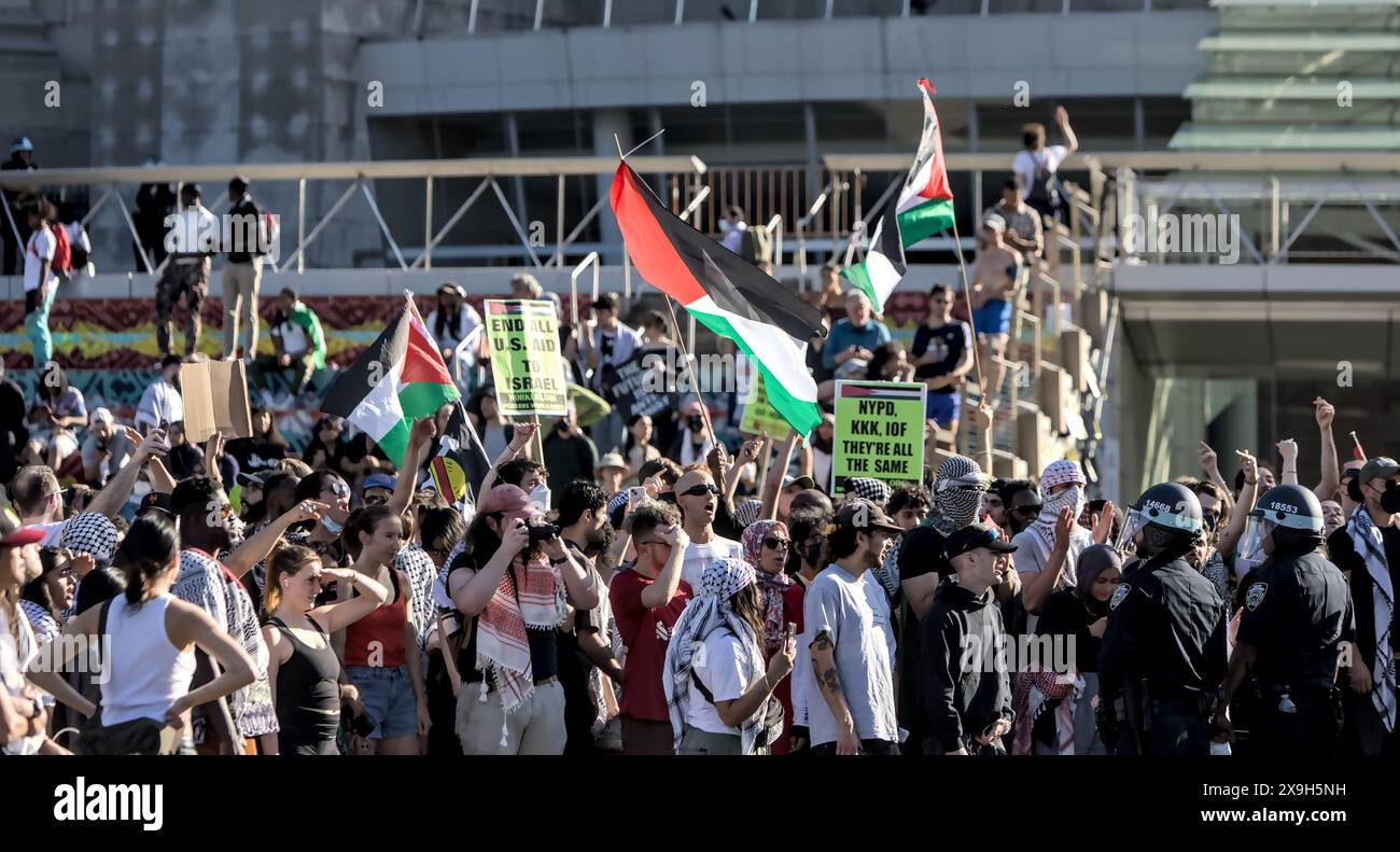 Brooklyn, NY - May 31 2024: NYPD police officers observe pro Palestine ...
