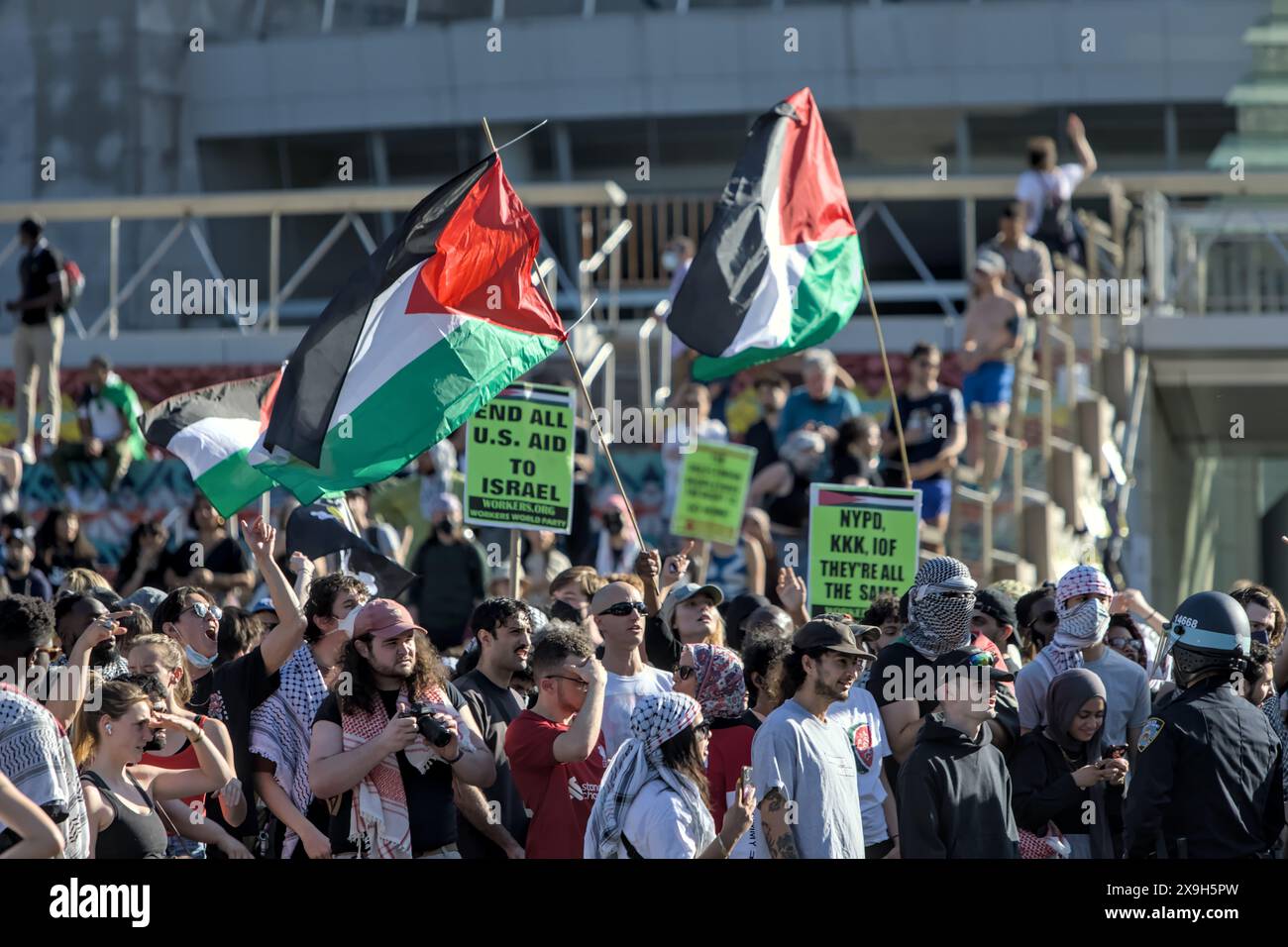 Brooklyn, NY - May 31 2024: NYPD police officers observe pro Palestine ...