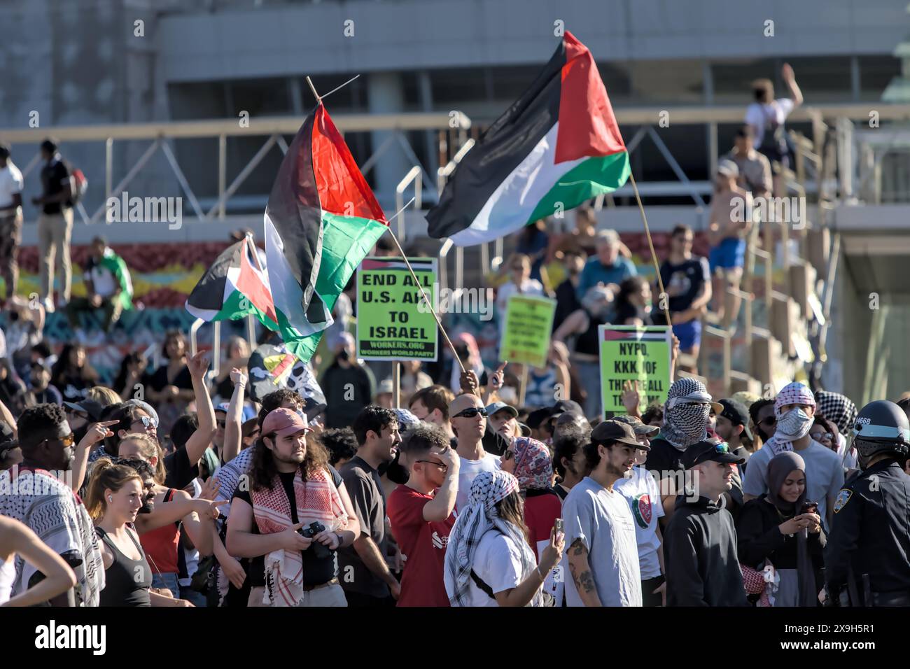 Brooklyn, NY - May 31 2024: NYPD police officers observe pro Palestine ...